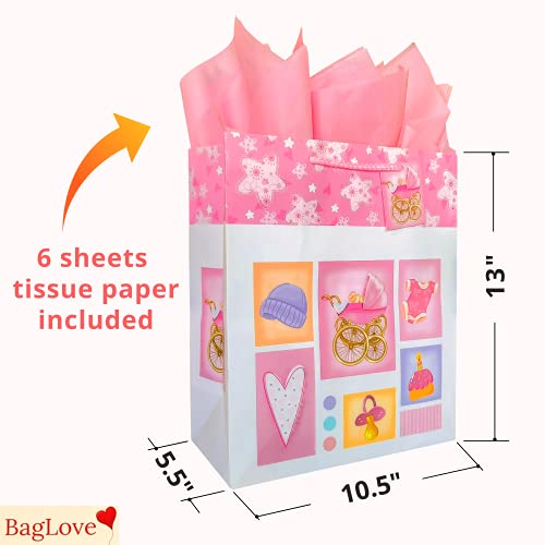 BagLove - Premium (2 Pack) Baby Girl Gift Bags with Tissue Paper - Large Gift Bags Perfect for Baby Showers, New Moms, Birthdays, Gender Reveals and More