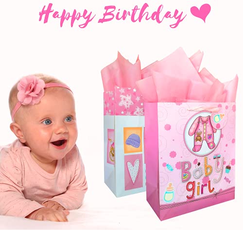 BagLove - Premium (2 Pack) Baby Girl Gift Bags with Tissue Paper - Large Gift Bags Perfect for Baby Showers, New Moms, Birthdays, Gender Reveals and More