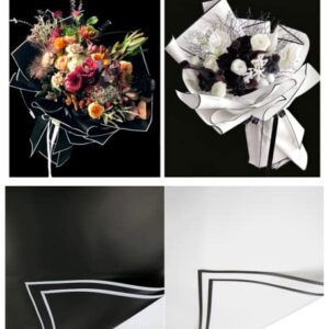 20 Sheets black and white aristocratic border Flower Wrapping Paper Waterproof Thicken Florist Bouquet Packaging Paper Gift or Gift Box Packaging Paper 23.6 x 23.6 inch(Dark Black + Porcelain White)