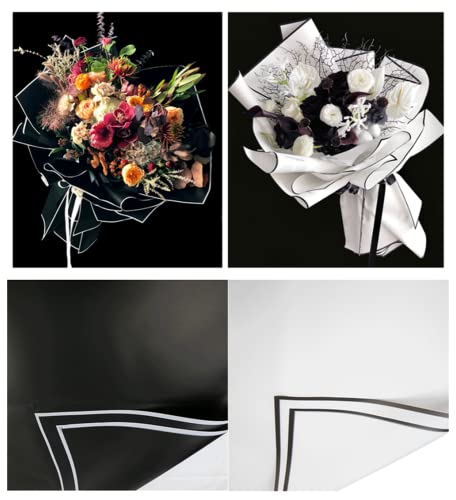 20 Sheets black and white aristocratic border Flower Wrapping Paper Waterproof Thicken Florist Bouquet Packaging Paper Gift or Gift Box Packaging Paper 23.6 x 23.6 inch(Dark Black + Porcelain White)