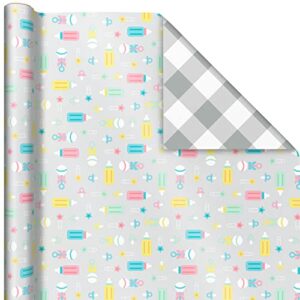 Hallmark All Occasion Reversible Wrapping Paper Bundle - Baby (3 Rolls - 75 sq. ft. ttl) Clouds, ABCs, Bottles, Polka Dots, Solid Blue, Gray Gingham