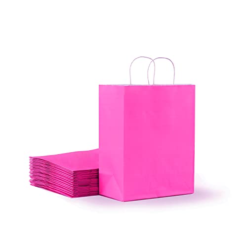 OfficeCastle 12 Pcs Hot Pink Paper Bags with Handles, 8.5x4.5x10.5 Inch, Pink Gift Bags, Merchandise Bags, Retail Bags, and Wedding Welcome Bags