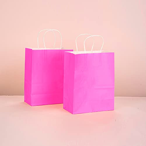 OfficeCastle 12 Pcs Hot Pink Paper Bags with Handles, 8.5x4.5x10.5 Inch, Pink Gift Bags, Merchandise Bags, Retail Bags, and Wedding Welcome Bags