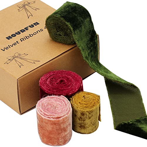 Velvet Ribbon for Gift Wrapping 4 Rolls 1.5 Inch Handmade Fringe Velvet Ribbons for Gift Wrapping Wedding Bouquet Invitation Cards DIY Crafts Frayed Velvet Ribbon for Decoration(4 Yards Total)