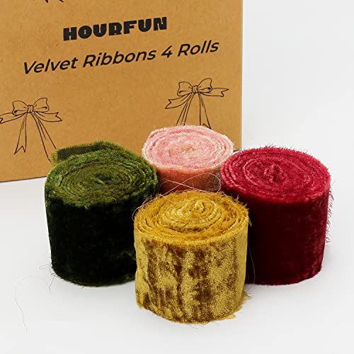 Velvet Ribbon for Gift Wrapping 4 Rolls 1.5 Inch Handmade Fringe Velvet Ribbons for Gift Wrapping Wedding Bouquet Invitation Cards DIY Crafts Frayed Velvet Ribbon for Decoration(4 Yards Total)