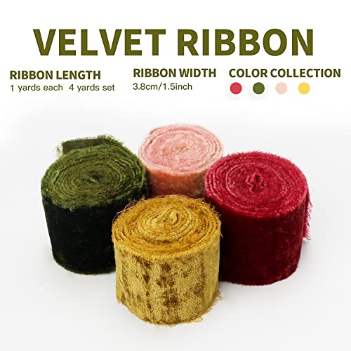 Velvet Ribbon for Gift Wrapping 4 Rolls 1.5 Inch Handmade Fringe Velvet Ribbons for Gift Wrapping Wedding Bouquet Invitation Cards DIY Crafts Frayed Velvet Ribbon for Decoration(4 Yards Total)