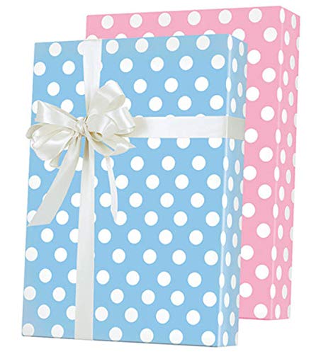 Reversible Double-Sided Baby Shower Pink Blue Polka Dot Baby Shower Wrapping Paper -12ft Flat Sheet (Folded) w. Gift Tags