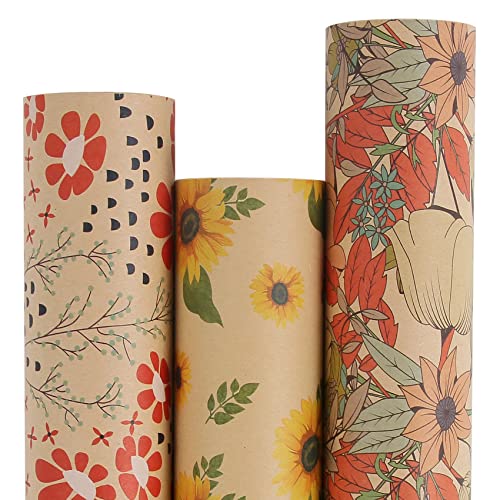 Aimyoo Kraft Floral Wrapping Paper Bundle, Vintage Flowers Sunflower Gift Wrap Paper for Wedding Bridal Shower Birthday, 3 Rolls 17 in x 12 ft per Roll