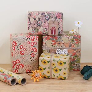 Aimyoo Kraft Floral Wrapping Paper Bundle, Vintage Flowers Sunflower Gift Wrap Paper for Wedding Bridal Shower Birthday, 3 Rolls 17 in x 12 ft per Roll