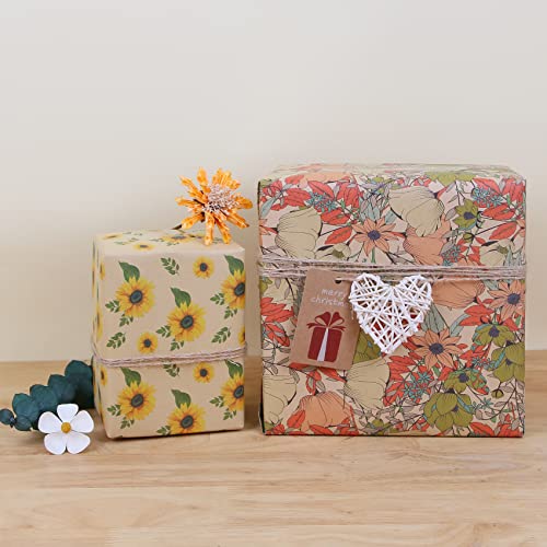 Aimyoo Kraft Floral Wrapping Paper Bundle, Vintage Flowers Sunflower Gift Wrap Paper for Wedding Bridal Shower Birthday, 3 Rolls 17 in x 12 ft per Roll