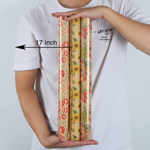 Aimyoo Kraft Floral Wrapping Paper Bundle, Vintage Flowers Sunflower Gift Wrap Paper for Wedding Bridal Shower Birthday, 3 Rolls 17 in x 12 ft per Roll