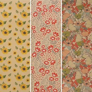 Aimyoo Kraft Floral Wrapping Paper Bundle, Vintage Flowers Sunflower Gift Wrap Paper for Wedding Bridal Shower Birthday, 3 Rolls 17 in x 12 ft per Roll