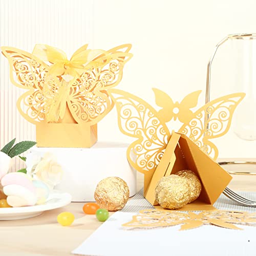 Kesote 50 Pack Butterfly Party Favor Boxes Gold, Small Baby Shower Bridal Shower Wedding Birthday Candy Favor Boxes with Ribbons