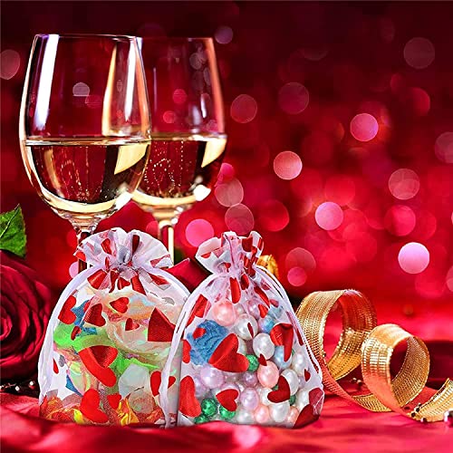 Uderwarb Valentine Day Candy Bags 50Pcs Heart Organza Valentine's Day Gift Bag for Wedding Festival Party, 8x10 cm