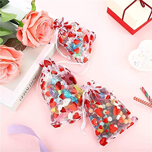 Uderwarb Valentine Day Candy Bags 50Pcs Heart Organza Valentine's Day Gift Bag for Wedding Festival Party, 8x10 cm