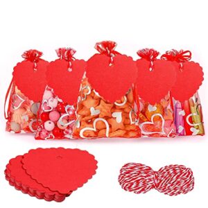 ausejopeac 50 pieces heart candy bags valentine’s day love organza jewelry pouch bags and 50 pieces kraft paper tags for valentine’s day, jewelry packaging, wedding party,9 x 12 cm