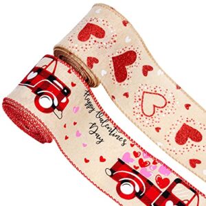 dxhycc 2 rolls valentine’s day wired edge ribbon vintage happy valentine’s day truck ribbon love red heart ribbons for gift wrapping wedding decoration diy crafts, 2.5 inch