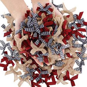 120 pieces christmas mini plaid ribbon bows natural burlap bow checkered gingham black red plaid bow black white buffalo plaid bow and handmade burlap bow for christmas tree diy crafts home decor