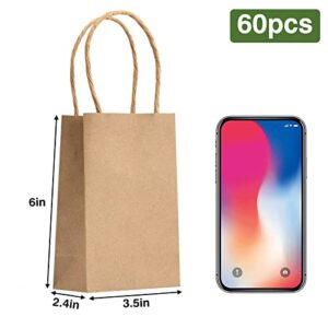 Moretoes 60pcs Small Kraft Paper Bags 6 x 3.5 x 2.4 Inches Mini Gift Bags with Handles Bulk Party Favor Bags Candy Bags