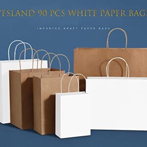 Yesland 90 Pcs White Paper Bags with Handles Bulk - 3 Sizes White Gift Bags and Kraft Paper Gift Bags - Paper Shopping Bags and Craft Bags for Shopping Packaging Retail Party Wedding, 10 x 4.7 x13 In