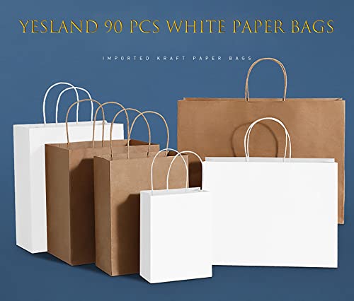 Yesland 90 Pcs White Paper Bags with Handles Bulk - 3 Sizes White Gift Bags and Kraft Paper Gift Bags - Paper Shopping Bags and Craft Bags for Shopping Packaging Retail Party Wedding, 10 x 4.7 x13 In