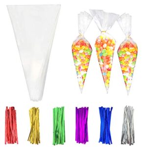 cone bags, 100pcs clear popcorn cone bags with 100 pcs twist ties (5 mix colors), cone shaped treat triangle bags for favor candy popcorn handmade cookies(6.3 x 11.8in)