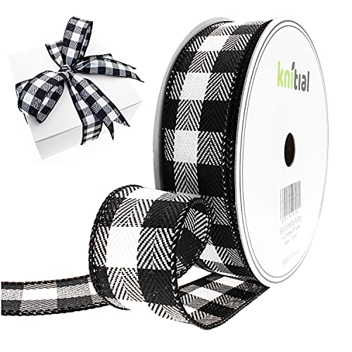 Knitial Wired Buffalo Plaid Ribbon 1-1/2 Inches x 25 Yards Black and White Buffalo Check Ribbon for Gift Wrapping, Crafts, and Decorations