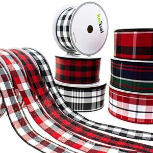 Knitial Wired Buffalo Plaid Ribbon 1-1/2 Inches x 25 Yards Black and White Buffalo Check Ribbon for Gift Wrapping, Crafts, and Decorations