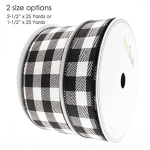 Knitial Wired Buffalo Plaid Ribbon 1-1/2 Inches x 25 Yards Black and White Buffalo Check Ribbon for Gift Wrapping, Crafts, and Decorations