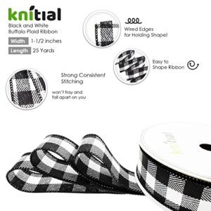 Knitial Wired Buffalo Plaid Ribbon 1-1/2 Inches x 25 Yards Black and White Buffalo Check Ribbon for Gift Wrapping, Crafts, and Decorations