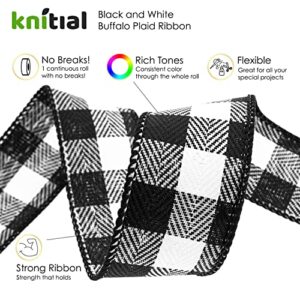 Knitial Wired Buffalo Plaid Ribbon 1-1/2 Inches x 25 Yards Black and White Buffalo Check Ribbon for Gift Wrapping, Crafts, and Decorations