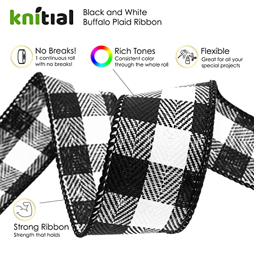 Knitial Wired Buffalo Plaid Ribbon 1-1/2 Inches x 25 Yards Black and White Buffalo Check Ribbon for Gift Wrapping, Crafts, and Decorations