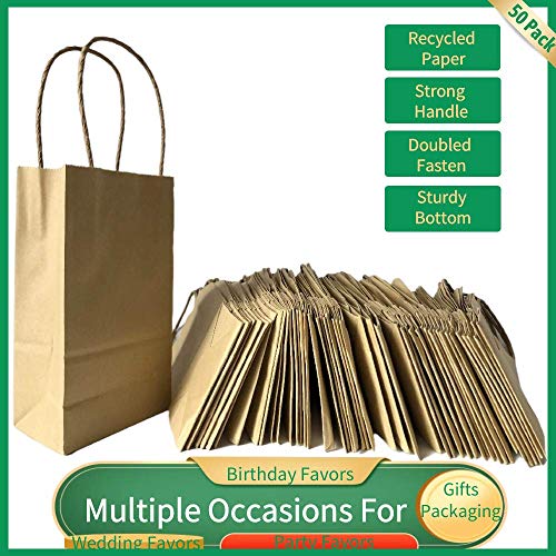 JSF Kraft Paper Bags With Handle 50-Pack Recyclable Brown Paper Bags Gift Bags Small Size Ideal For Birthday Wedding As Party Favors Bags-Size 6.9 * 2.4 * 3.5 in