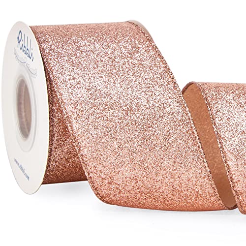 Ribbli Rose Gold Glitter Wired Ribbon,Rose Gold Ribbon with Metallic Edge,Christmas Ribbon for Wreath, ChritmasTree Decoration, Gift Wrapping,Home Decor, 2-1/2 Inch x 10 Yards