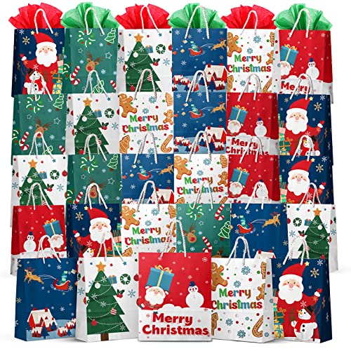 Kidtion Christmas Gift Bags 30 PCS, Durable Christmas Bags with Tissue Paper, 6 Styles Gift Bags Bulk with Handles, Reusable Small Gift Bags Xmas Paper Bags, Party Favors Holiday Gift Bags