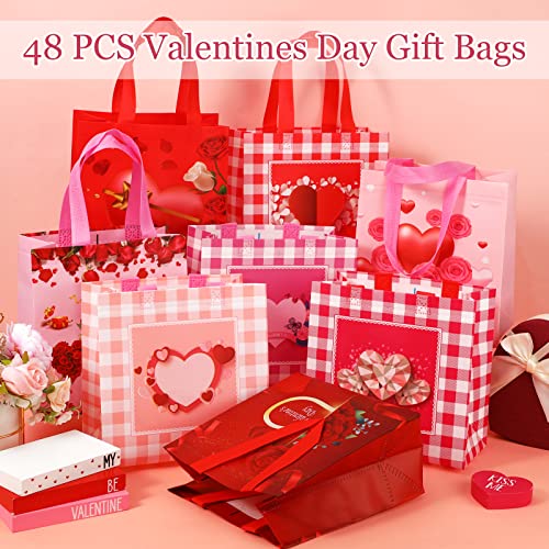 48 Pcs Valentines Day Gift Bags Valentines Day Reusable Treat Bags with Handles Valentines Day Goody Bags Valentines Non Woven Bags Waterproof Tote Bags for Gifts Wrapping Party Favor Supplies