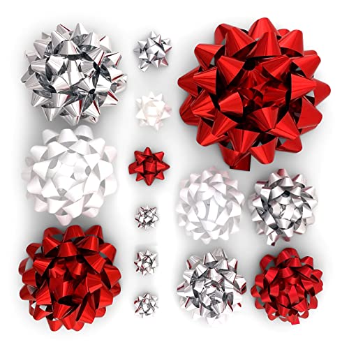 Extra Large Red and Silver Bow Assortment for Gift Wrapping with Bonus Jewelry Bows, 14 Pre-Formed Bows That Come Exactly as Pictured (9”, 6.5”, 4.5”, 2.3”, 1.3”) Made in USA