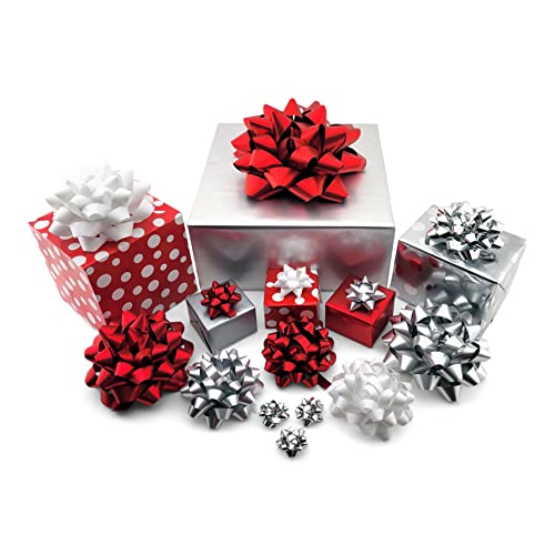 Extra Large Red and Silver Bow Assortment for Gift Wrapping with Bonus Jewelry Bows, 14 Pre-Formed Bows That Come Exactly as Pictured (9”, 6.5”, 4.5”, 2.3”, 1.3”) Made in USA