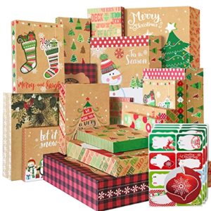 12 kraft christmas gift boxes with lids for wrapping large clothes and 80 count foil christmas tag stickers (assorted size for wrapping robes ,sweater, coat shirts and clothes xmas holiday present)