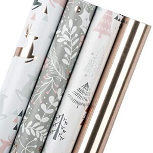 WRAPAHOLIC Christmas Wrapping Paper Roll - Rose Gold and Grey Holiday Design with Metallic Foil Shine - 4 Rolls - 30 Inch X 120 Inch Per Roll