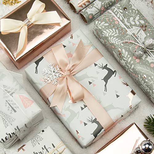 WRAPAHOLIC Christmas Wrapping Paper Roll - Rose Gold and Grey Holiday Design with Metallic Foil Shine - 4 Rolls - 30 Inch X 120 Inch Per Roll