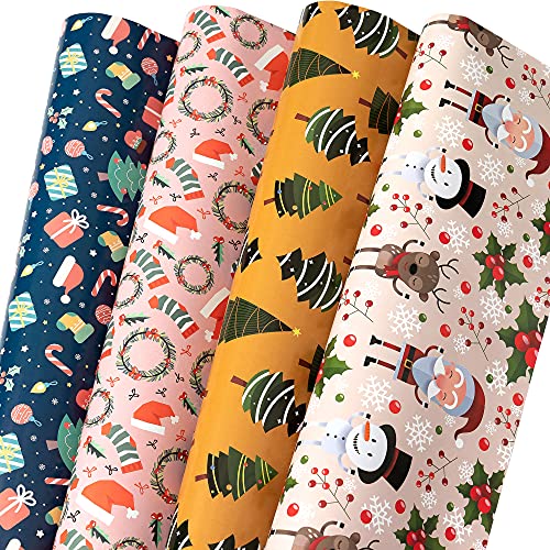 ZINTBIAL Christmas Wrapping Paper for Kids Boys Girls Baby Men Women - Gift Wrapping Paper Include Santa, Stockings,Tree, Xmas Wrapping Paper 20 x 29 Inches per Sheet （12 Sheets 48 sq. ft.）Recyclable,Easy to Store,Not Rolled