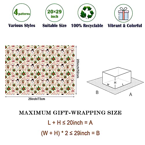 ZINTBIAL Christmas Wrapping Paper for Kids Boys Girls Baby Men Women - Gift Wrapping Paper Include Santa, Stockings,Tree, Xmas Wrapping Paper 20 x 29 Inches per Sheet （12 Sheets 48 sq. ft.）Recyclable,Easy to Store,Not Rolled