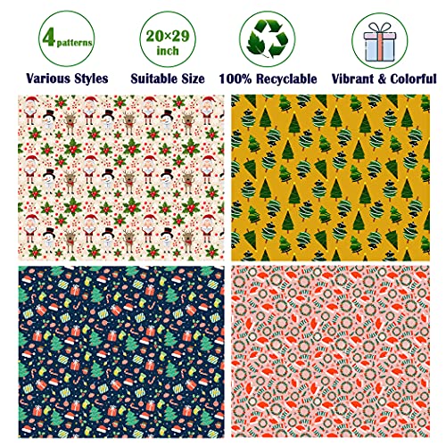 ZINTBIAL Christmas Wrapping Paper for Kids Boys Girls Baby Men Women - Gift Wrapping Paper Include Santa, Stockings,Tree, Xmas Wrapping Paper 20 x 29 Inches per Sheet （12 Sheets 48 sq. ft.）Recyclable,Easy to Store,Not Rolled