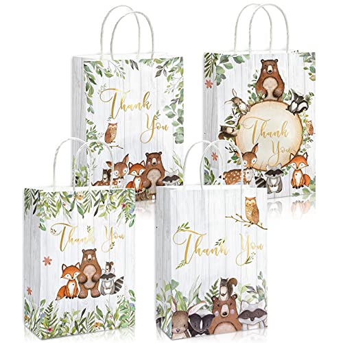 AnyDesign 24 Pack Woodland Thank You Gift Paper Bags with Handles Bulk 4 Design Woodland Baby Shower Party Favor Bags for Birthday Wedding Baby Shower Party Supplies Decoration, 5.9 x 8.3 x 3.1 Inch