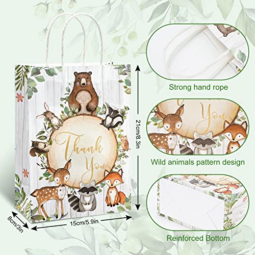 AnyDesign 24 Pack Woodland Thank You Gift Paper Bags with Handles Bulk 4 Design Woodland Baby Shower Party Favor Bags for Birthday Wedding Baby Shower Party Supplies Decoration, 5.9 x 8.3 x 3.1 Inch