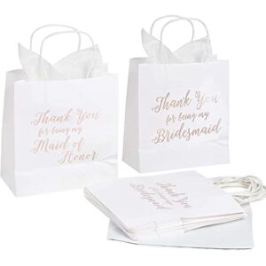 juvale 11 bridesmaid and 1 maid of honor thank you paper gift bag, rose gold foil text, includes 20 sheets of tissue paper, perfect for bridal party favors, white, 9 x 8 x 4 inches