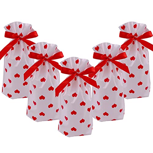 Enjonar 24pcs Treat Bags Party Favor Bags Love Plastic Drawstring Gift Bags Red Heart Candy Bags Goodies Bags Food Storage Bags Gift Wrapping Package