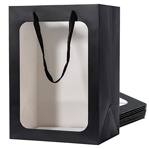 Sdootjewelry 10pcs Black Gift Bag with Transparent Window, 13.8''×7.1''×9.8'' Window Gift Bags with Handles, Flower Bags for Bouquets, Kraft Paper Gift Bags for Party Wedding Shopping Retail