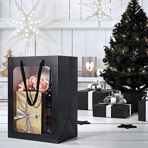 Sdootjewelry 10pcs Black Gift Bag with Transparent Window, 13.8''×7.1''×9.8'' Window Gift Bags with Handles, Flower Bags for Bouquets, Kraft Paper Gift Bags for Party Wedding Shopping Retail